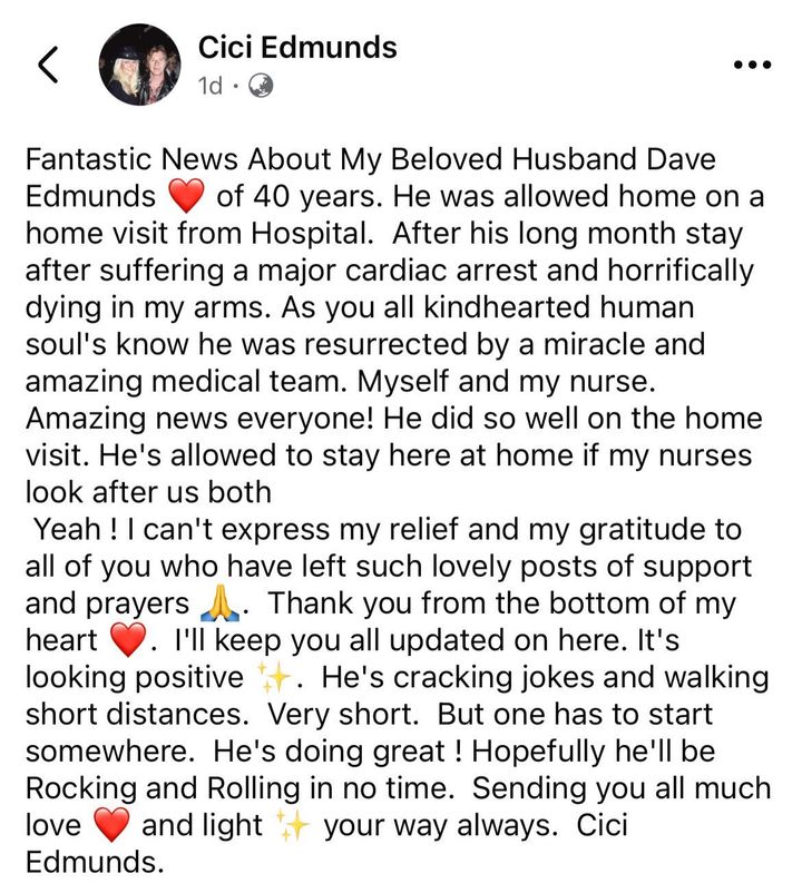 Dave Edmunds: How is Dave Edmunds recovering from life threatening cardiac arrest? Wife Cici ...